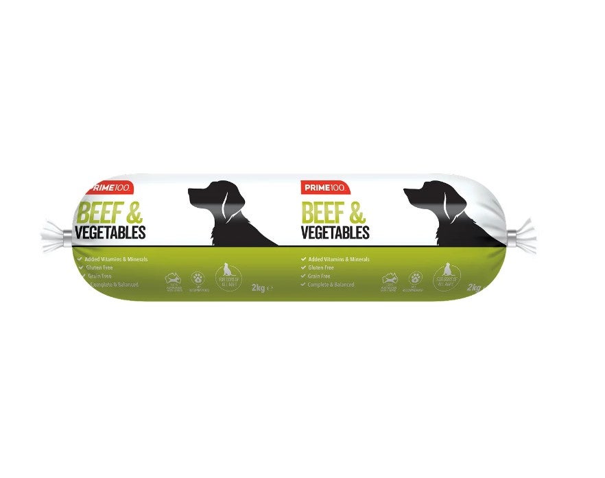 Prime 100 Beef & Vegetable Cooked Roll 2kg | Newman Feed and Pet Supplies